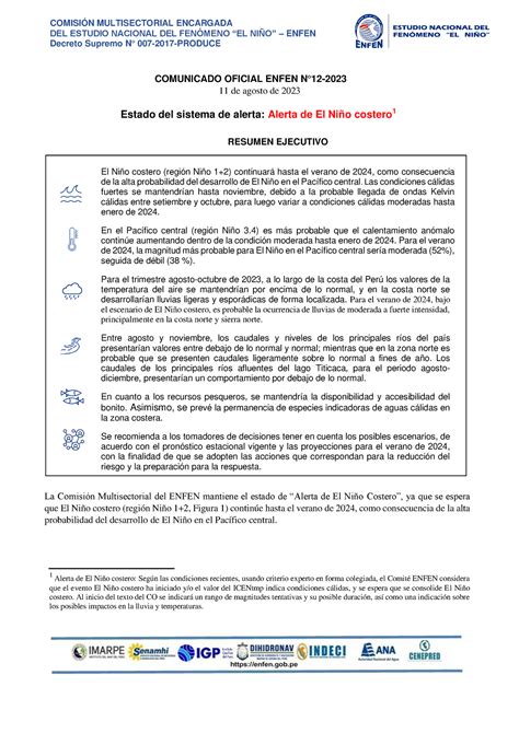 Comunicado Enfen N012 2023 DEL ESTUDIO NACIONAL DEL FENÓMENO EL
