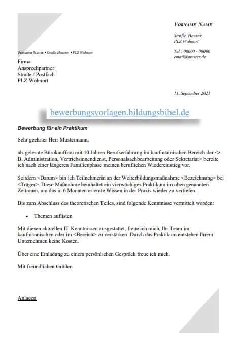 Bewerbung Praktikum Bereiche Anschreiben Word Pdf Muster Kostenlos
