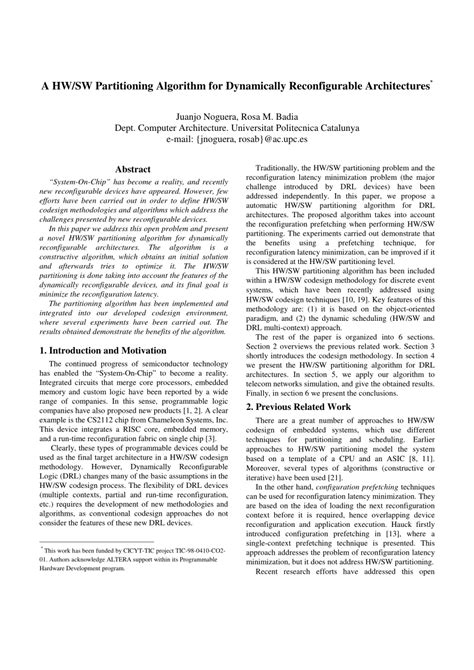 pdf a hw sw partitioning algorithm for dynamically reconfigurable architectures
