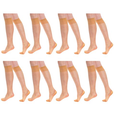8 Pairs Sheer Knee High Socks For Women 15 Denier Stay Up Band Skin
