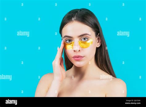 Eyes Mask Cosmetic Patches Woman Face Closeup Woman Applying Golden Eye Patches Close Up