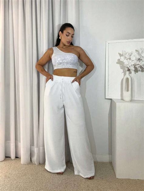 Cropped Top Blusa Feminina Brilho Paetê Lantejoula Mula Manca Um Ombro
