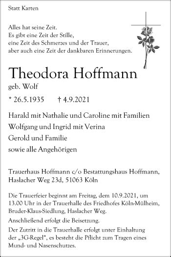 Traueranzeigen Von Theodora Hoffmann WirTrauern