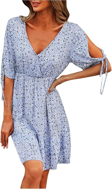 VEMOW Sommerkleid Damen Elegant V Ausschnitt Boho Blumen Knielang