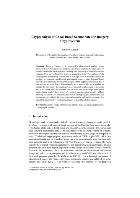 pdf cryptanalysis of chaos based secure satellite imagery cryptosystem