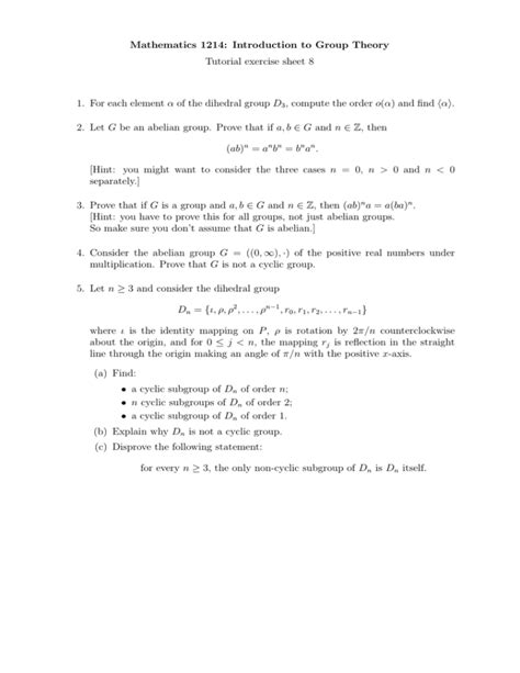 mathematics 1214 introduction to group theory tutorial exercise sheet 8