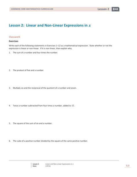 lesson 2 linear and non linear expressions in