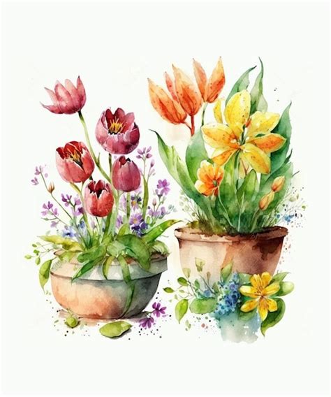 Premium Photo A Watercolor Painting Of Flowers In Pots Spring Gardening