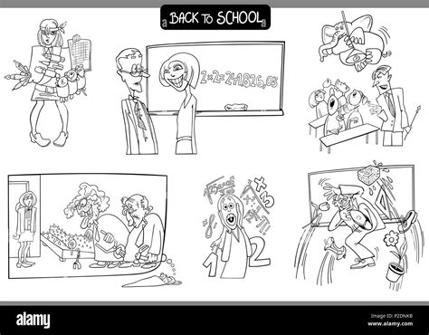 Ilustración caricatura en blanco y negro de la escuela y la educación