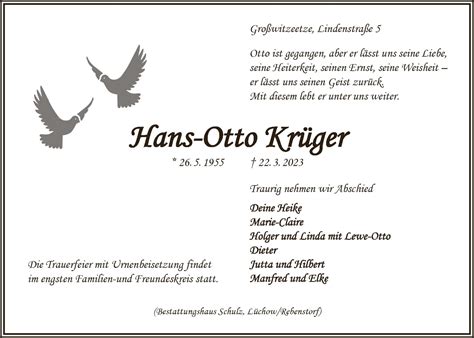 Das Trauerportal für Lüchow Dannenberg Todesanzeigen Hans Otto Krüger