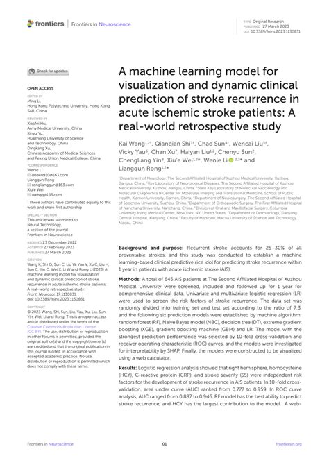 pdf a machine learning model for visualization and dynamic clinical prediction of stroke