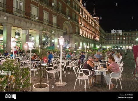 Sidewalk Cafes And Restaurants At Night Plaza Mayor Madrid Spain
