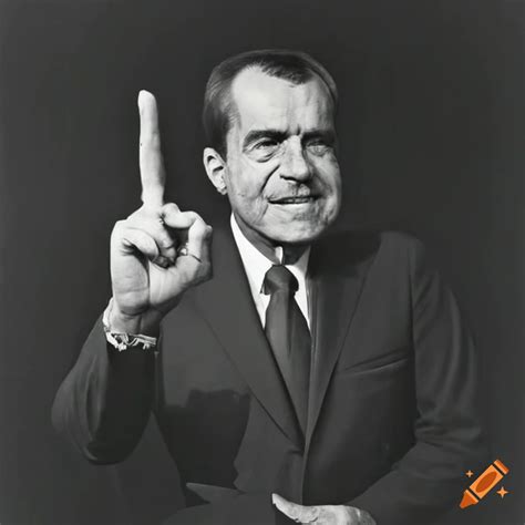 Surreal Artwork Depicting Richard Nixon With Horns Making Peace Sign On