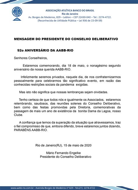 Conselho Deliberativo Mensagem Do Presidente Aabb Rio Revista