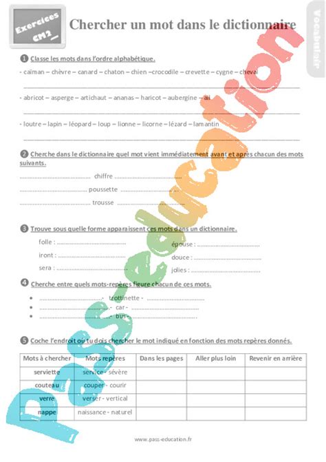 Chercher un mot dans le dictionnaire Exercices révisions 5eme