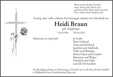 Traueranzeigen Von Heidi Braun Trauer Flz De