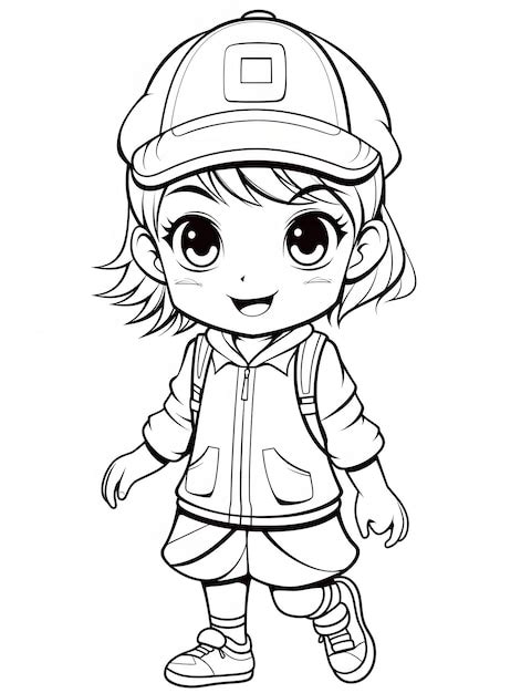 Hermosa chica anime para colorear página en blanco y negro Foto Premium