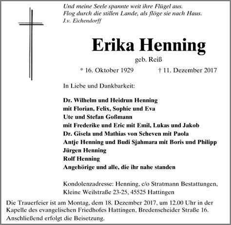 Traueranzeigen Von Erika Henning Trauer In NRW De