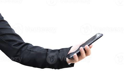 Close Up Image Of Businessman Hand Holding Mobile Phone Isolated