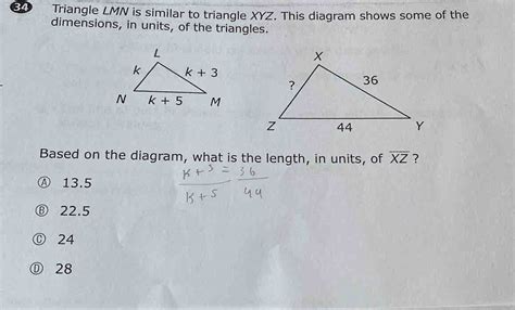 solved 34 triangle lmn is similar to triangle xyz this diagram shows some of the dimensions