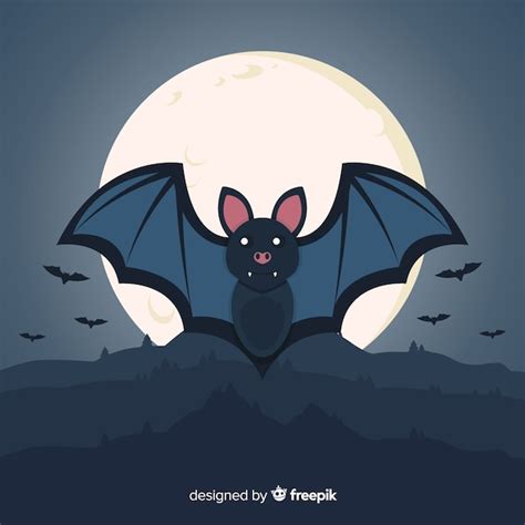 Murciélago plano de halloween en una noche de luna llena Vector Gratis