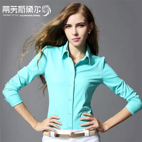 2015春季新款弹力长袖衬衫女职业 修身显瘦纯色上衣时尚百搭衬 蒂芙斯黛尔服饰旗舰店