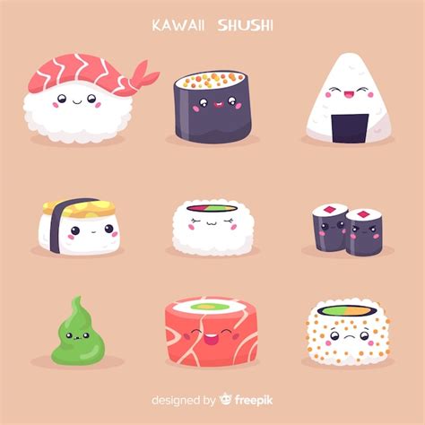 Free Vector Kawaii Hand Drawn Sushi Collection