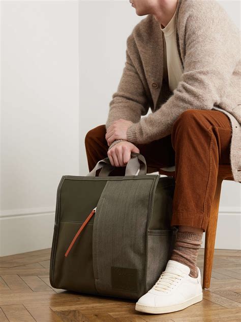 Green Leather Trimmed Panelled Canvas Shell And Felt Tote Bag Paul