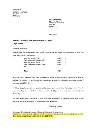 Mise en demeure pour loyer impayé téléchargement HabitatDurable