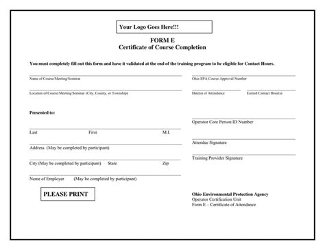 Form E Certificate Of Course Completion In Word And Pdf Formats