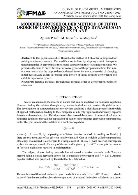 pdf modified householder method of fifth order of convergence and its dynamics on complex plane