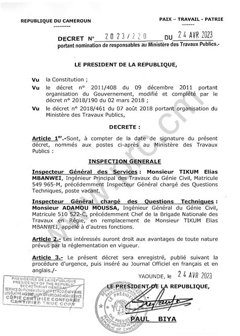 Décret N2023 220 du 24 avril 2023 portant nomination de responsables