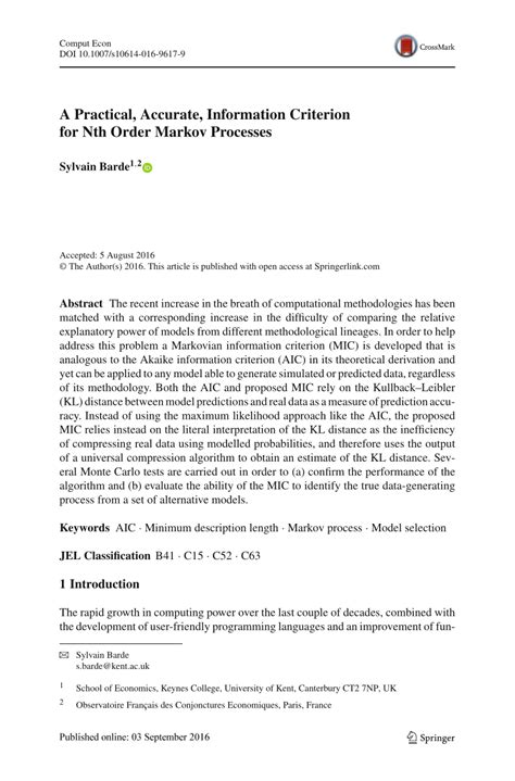 pdf a practical accurate information criterion for nth order markov processes