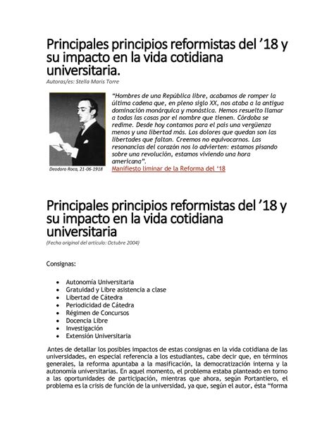 Manifiesto Liminar Reforma Universitaria 1918 Principales Principios