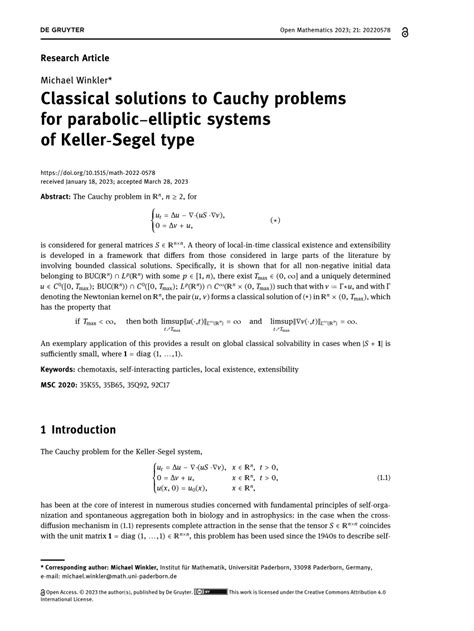pdf classical solutions to cauchy problems for parabolic elliptic systems of keller segel type
