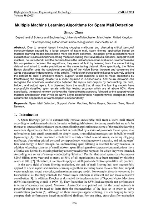 pdf multiple machine learning algorithms for spam mail detection
