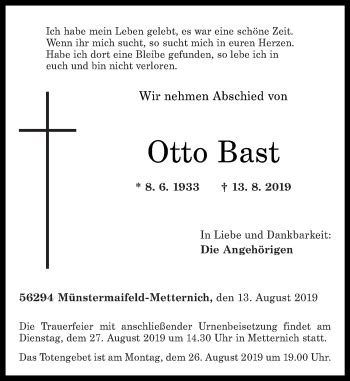 Traueranzeigen Von Otto Bast Rz Trauer De
