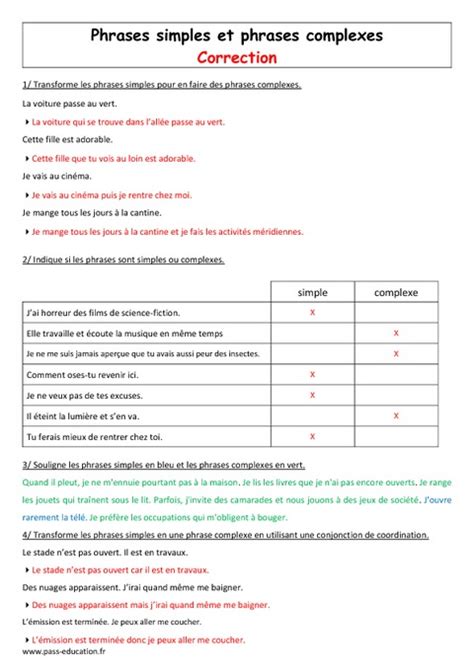 Phrases Complexes Phrases Simples Me Exercices Imprimer