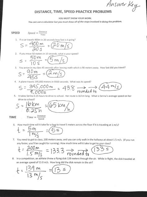 speed time distance calculations answer key great intro classwork pdf velocity motion