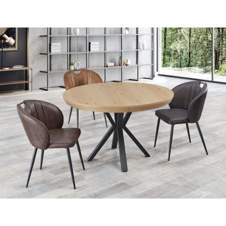 Table ronde chêne pied central métal avec allonge intégrée