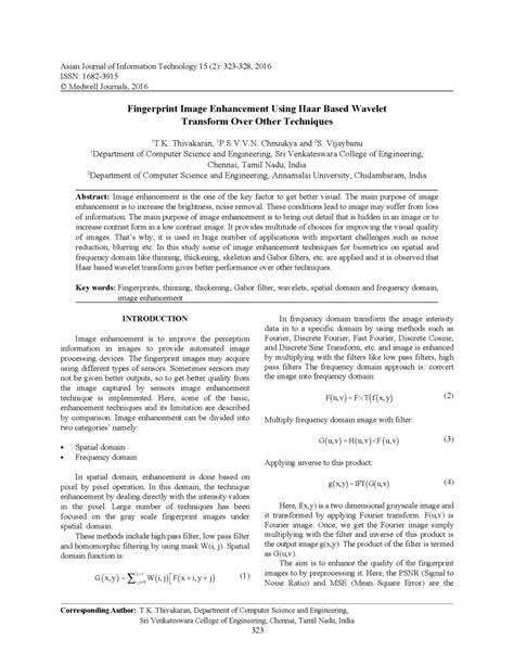 pdf fingerprint image enhancement using haar based wavelet transform over other techniques
