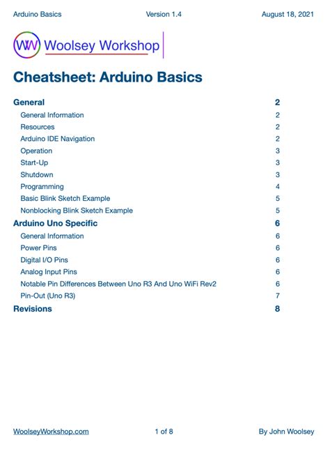 arduino basics cheatsheet woolsey workshop