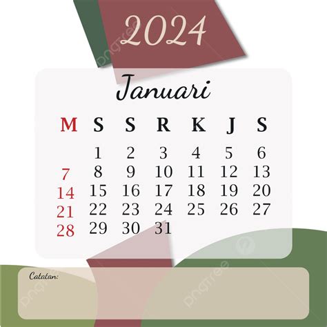 January Indonesian Monthly Calendar Colored Minimalist Template