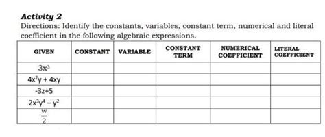 identify the constant variables constant term numerical and literal coefficient in the