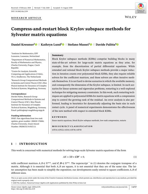pdf compress‐and‐restart block krylov subspace methods for sylvester matrix equations