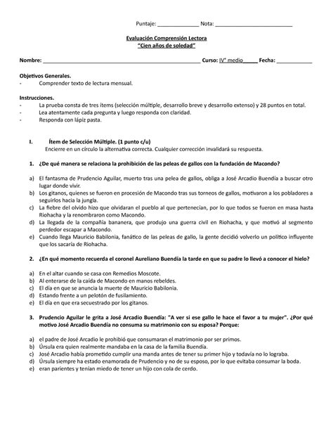 Prueba A Cien años de soledad Sin Claves Puntaje