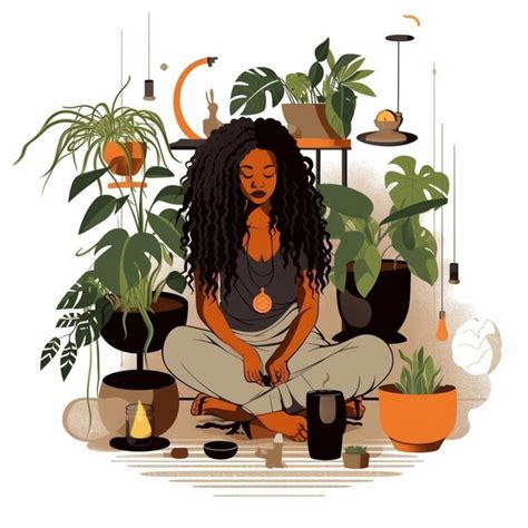 Ilustração de uma mulher sentada em posição de lótus cercada por