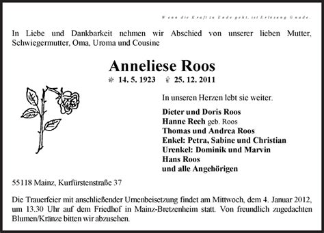 Traueranzeigen Von Annelies Roos Rz Trauer De