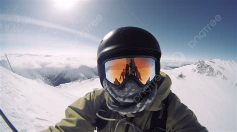 Man On Skis Takes A Selfie In Ski Goggles Background Funny