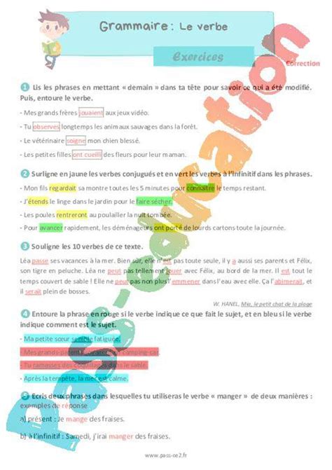 Le verbe Exercices grammaire pour le ce2 PDF à imprimer par Pass